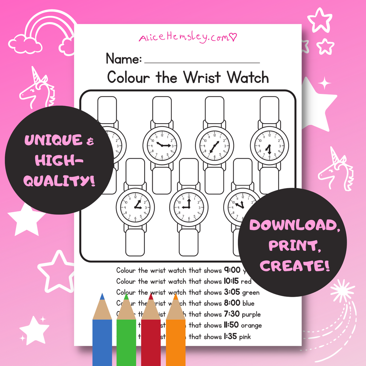 Colour the Wrist Watch Kids' Printable Sheet – AliceHemsley.com
