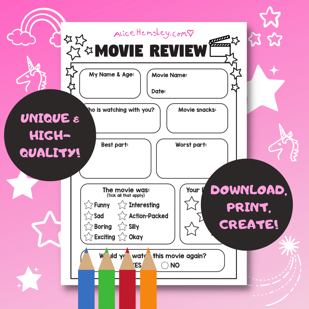Movie Review Kids' Printable Sheet – AliceHemsley.com