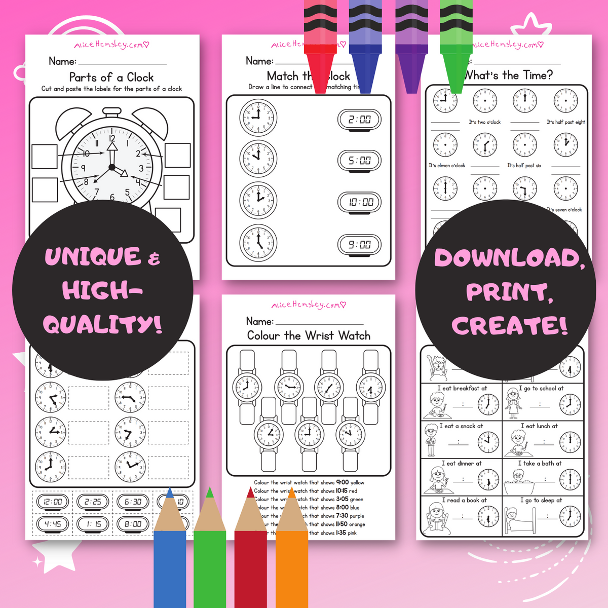 Telling Time Kids' Printable Sheets Bundle – AliceHemsley.com