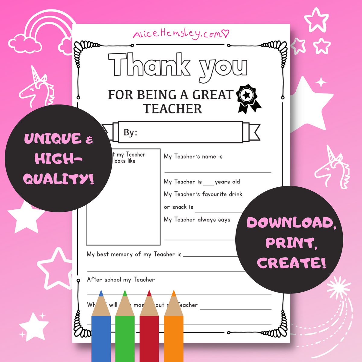 Thank You For Being A Great Teacher Kids' Printable Sheet ...