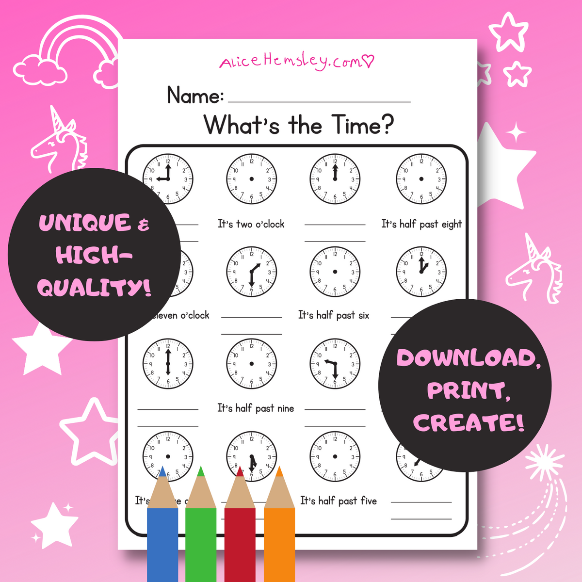 What's the Time? Kids' Printable Sheet – AliceHemsley.com
